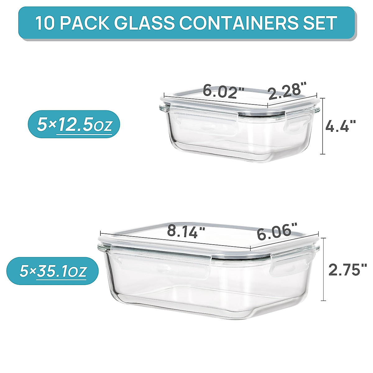 Vtopmart 10 Pack Glass Food Storage Containers with Lids, Meal Prep Containers, Airtight Lunch Containers Bento Boxes with Snap Locking Lids, for Microwave, Oven, Freezer and Dishwasher