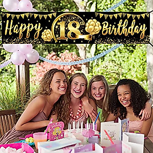 18th Birthday Banner Decorations for Men Girls, Black Gold Happy 18th Birthday Party Supplies, 18 Birthday Party Decor Sign