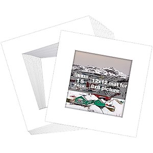 AUEAR 15 Pack Pre-Cut Acid-Free 12x12 White Picture Mats with White Core Bevel Cut for 8x8 Photos/Prints