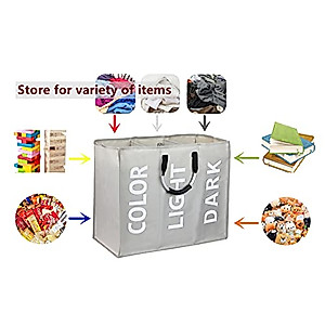 Slim Laundry Hamper 3 Section Sorter with Handles Large Capacity Foldable 19" Tall Waterproof Laundry Basket for Dirty Clothes Storage (light grey)