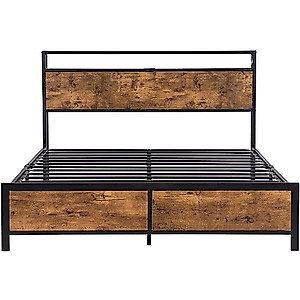 Anwick Metal Full Bed Frame with Storage Headboard and 2 USB Ports,Industrial Bed Frame Full Size with LED Lights and Underneath Storage,Noise Free, No Box Spring Needed(Full)