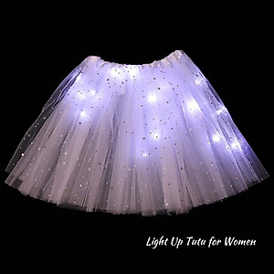 DRESBE Women's LED Skirt Light Up Star Tutus Glow Tulle Dance Skirts Party Rave Festival Halloween Clothes (White - White Light)