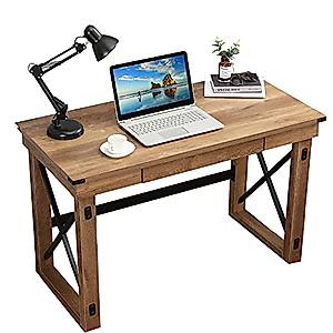 LOKATSE HOME Rustic Furniture Sturdy Modern Computer Table for Home Office, Wood and Metal Writing Desk with Drawer, Natural
