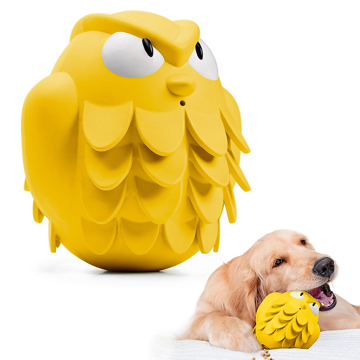 Moonorange Tough Chew Dog Toys for Aggressive Chewers Giggle Ball Owl Rubber Interactive Treat Dispensing Slow Feeder Indestructible Teething Toys for Small Medium Large Dogs (Yellow)
