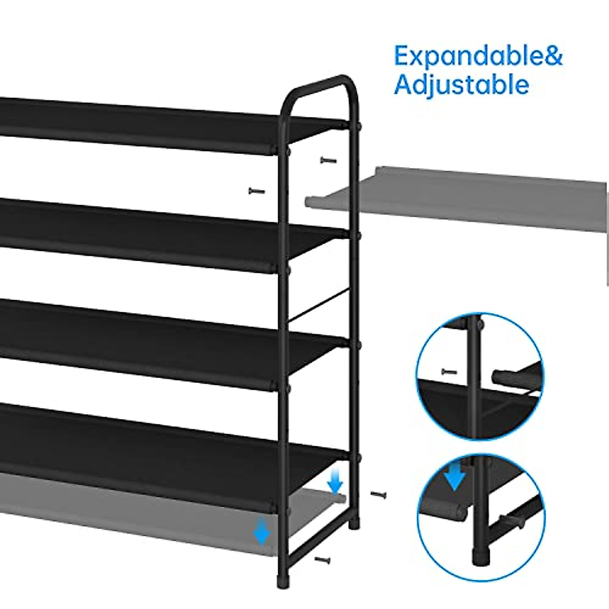 Simple Trending 4-Tier Stackable Shoe Rack, Expandable & Adjustable Fabric Shoe Shelf Storage Organizer, Black