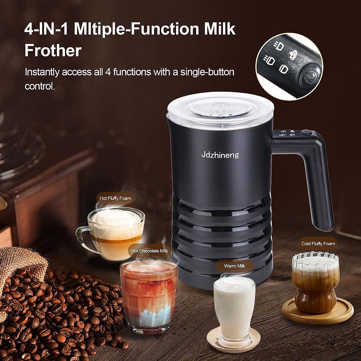 jdzhineng Electric Milk Frother and Steamer, 4-in-1 Milk Frother Electric Hot and Cold Foam Maker with 350ML/11.8OZ Milk Steamer, Automatic Milk Frother for Coffee, Latte, Hot Chocolate Milk, Black
