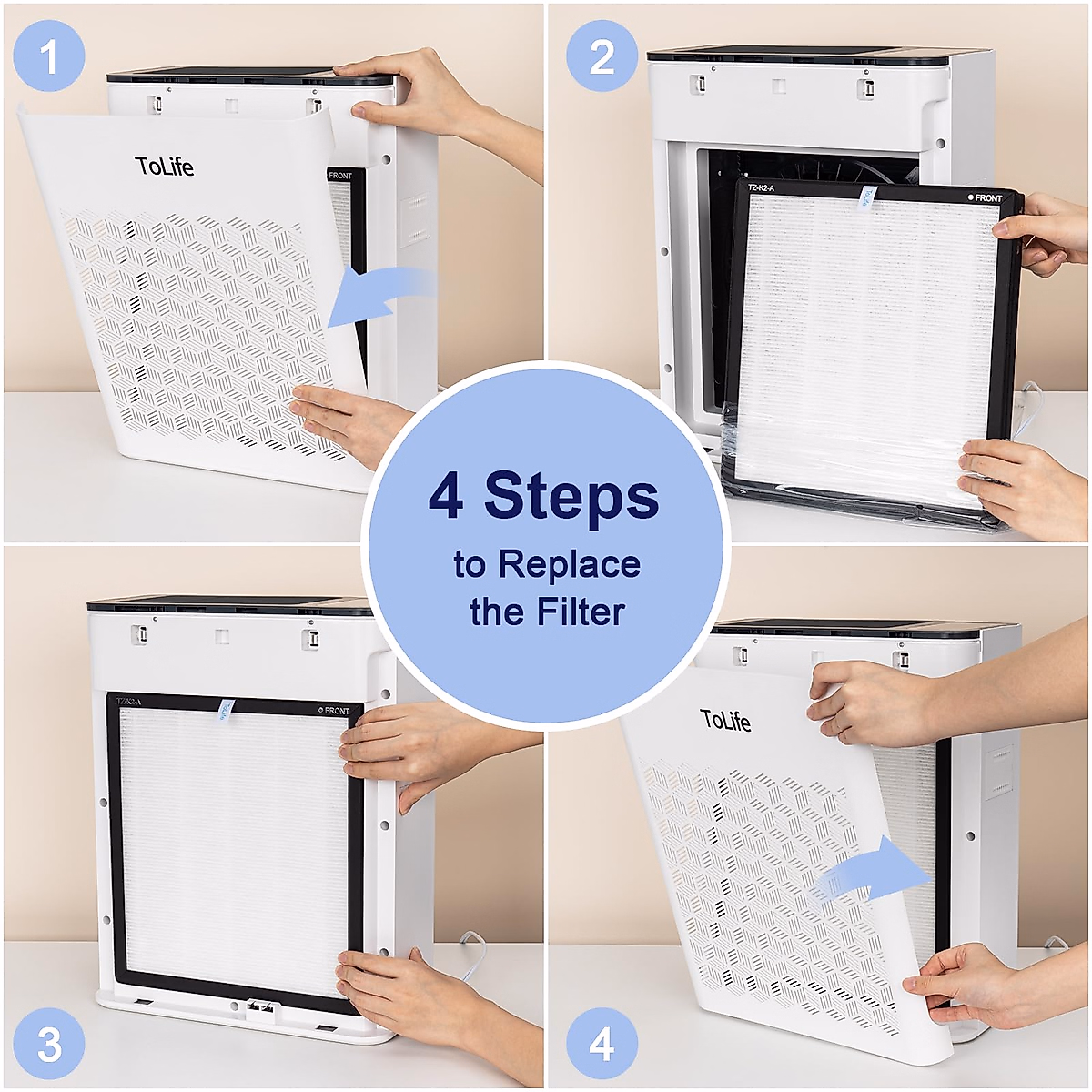 ToLife TZ-K2 Air Purifier Replacement Filter, 3-in-1 HEPA High-Efficiency Activated Carbon Filter, TZ-K2-A, 2 Pack