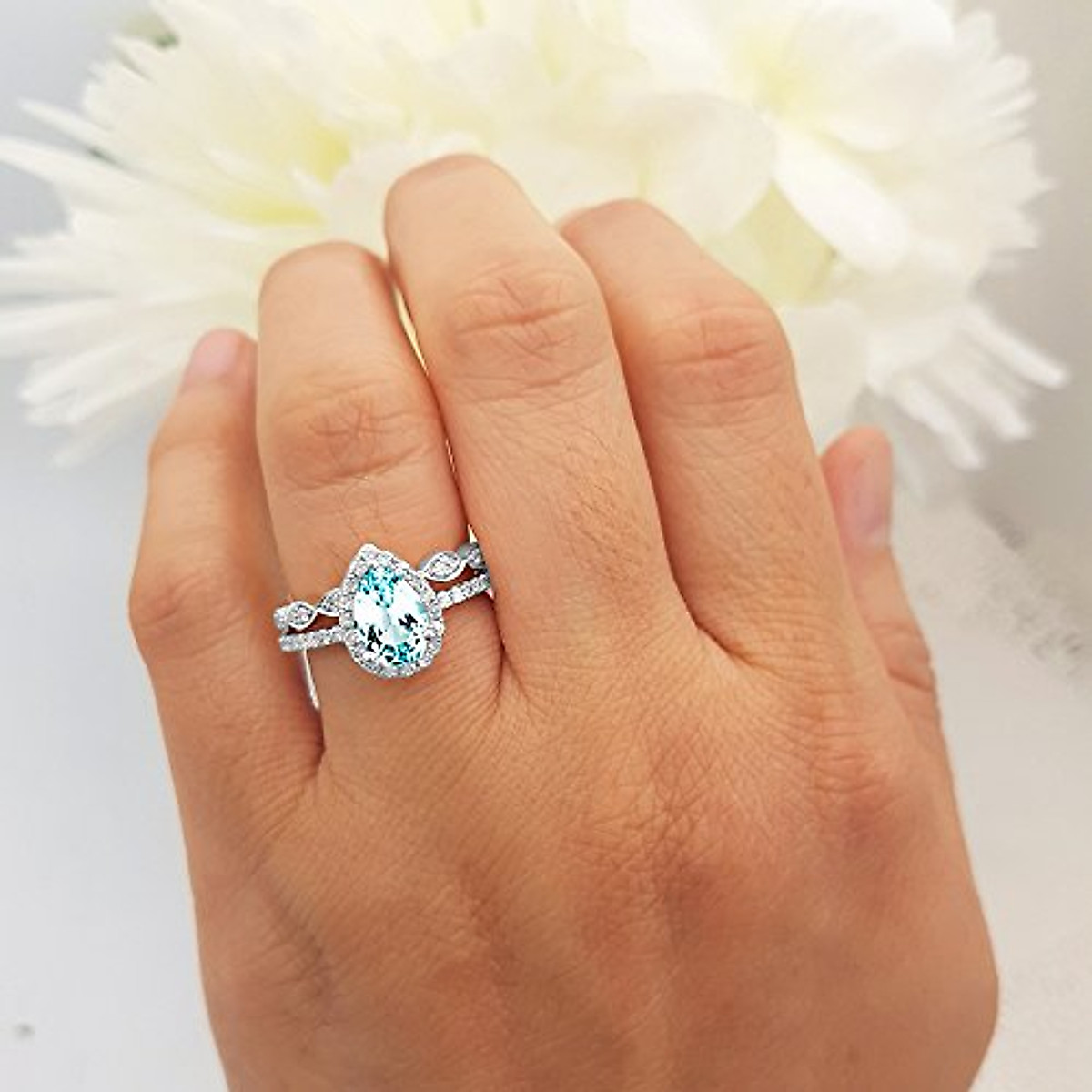 Dazzlingrock Collection 9X6 MM Pear Aquamarine & Round Diamond Ladies Halo Teardrop Wedding Ring Set in 14K White Gold, Size 5.5