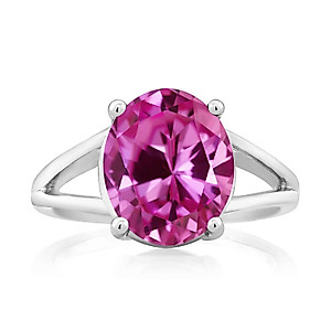 Gem Stone King 925 Sterling Silver Pink Created Sapphire Ring For Women (7.50 Cttw, Gemstone September Birthstone, Oval 12X10MM, Available In Size 5,6,7,8,9)