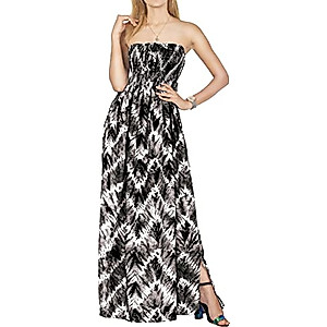 LA LEELA Women's Boho A line Slit Maxi Dress Smocked Top Evening Long Strapless Tube Dresses for Women One Size Kohl, Zig Zag