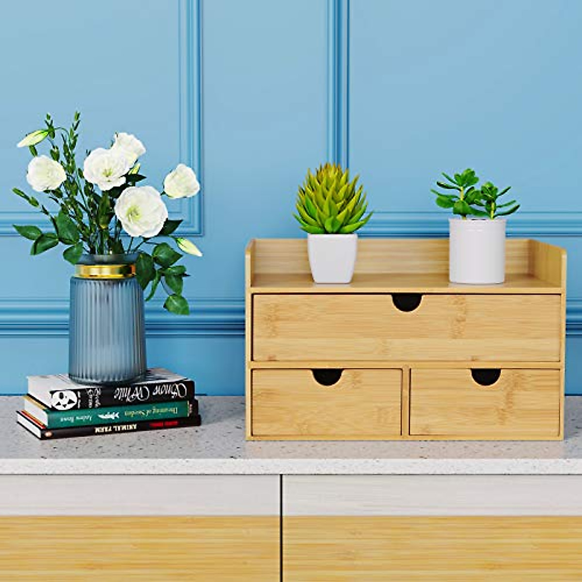 Wisuce 100% Original Bamboo Desk Organizer, Mini Bamboo Desk Drawer Tabletop Storage Organization Box for Office Home Toiletries Supplies Vanity, No Assembly Required (3 Drawer with Shelf)
