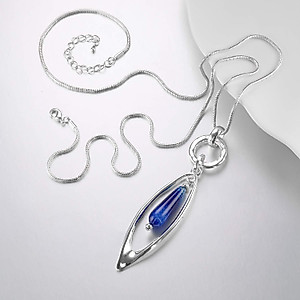 Necklace for Women Fashion Jewelry Long Natural Stone Pendant Statement Silver Necklaces with Gift Box (Blue)