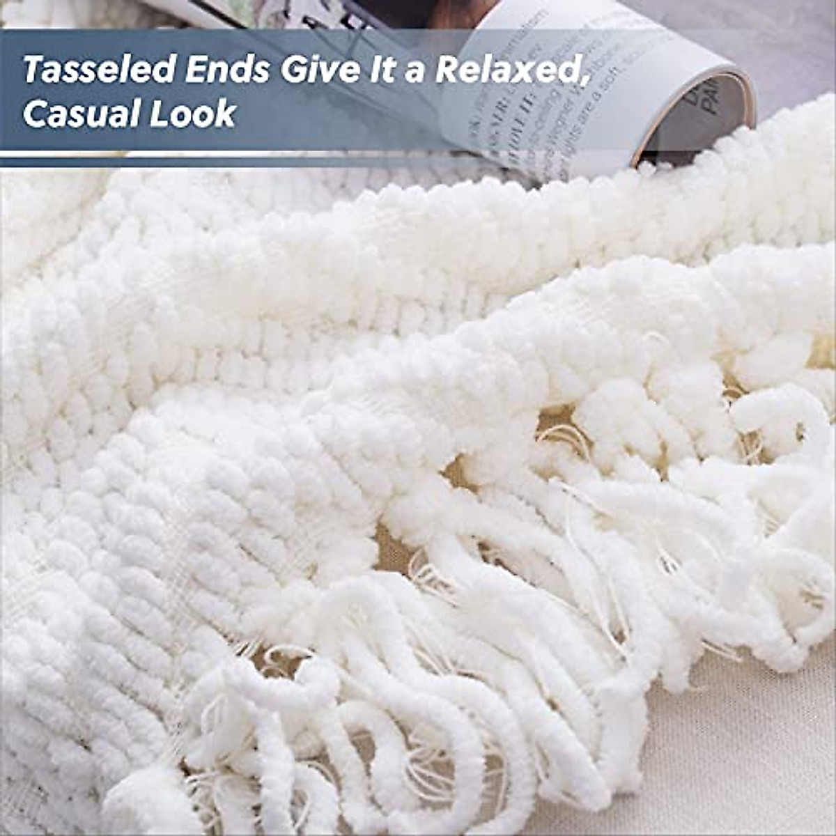 Bedsure Throw Blanket for Couch – Cream White Versatile KnitWoven Chenille Blanket for Chair – Super Soft, Warm & Decorative Blanket with Tassels for Bed, Sofa and Living Room (Ivory, 50 x 60 inches)