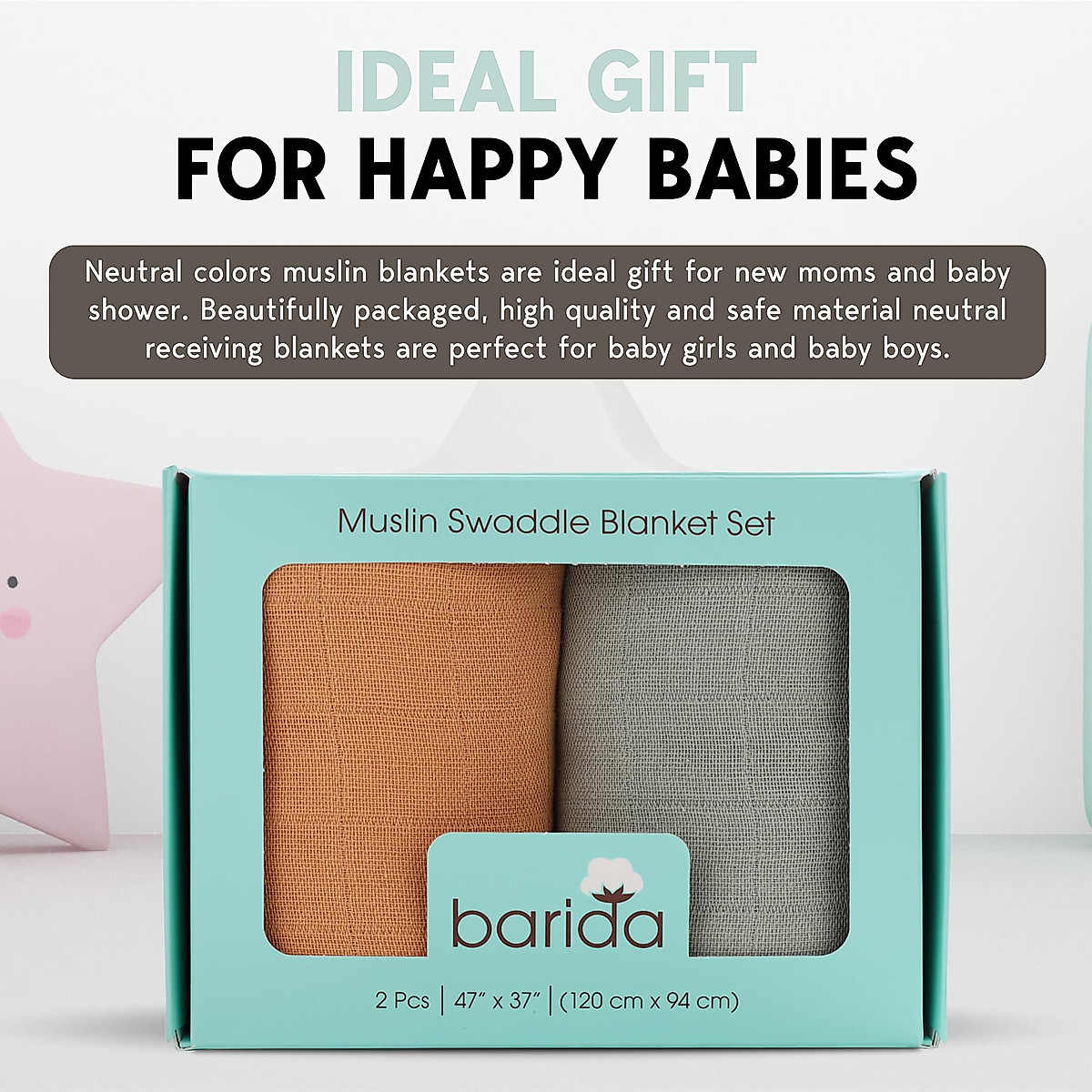 Barida Muslin Blankets for Girls & Boys, Premium Cotton Large Multiuse Lightweight Ultra Soft Muslin Blanket Baby, Muslin Swaddle Blankets Boy, 2 Pack Muslin Throw Blanket (Orange- Sage Green)