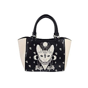 Lost Queen Gothic Bastet Sphynx Cat Occult Goth Satchel Handbag, Black, Cream, Small