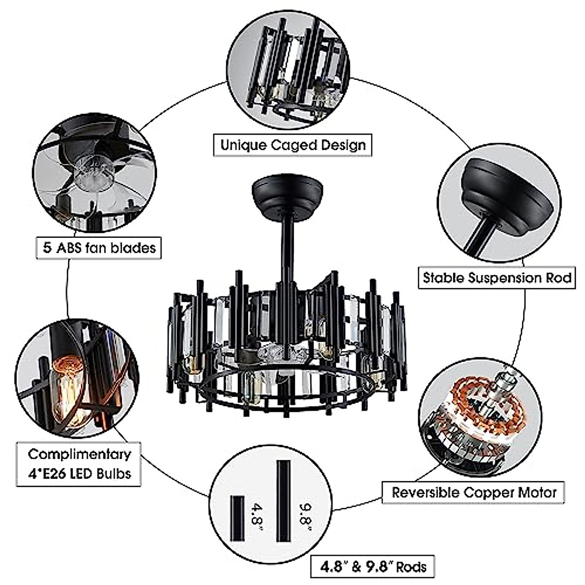 LODADRA Caged Ceiling Fan with Light, bladeless 6 Speed Reversible with Remote Control.Low Profile Ceiling Fan with Lights for Bedroom, Dining Room