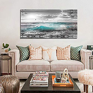 Framed Wall Art Canvas Ocean Decor Beach Theme Bedroom Large Sunset Blue Ocean Waves Seagulls Panels for Interior Bathroom Wall Décor Scenery Bed Dining Room Peel And Stick Decorative 24"x48"