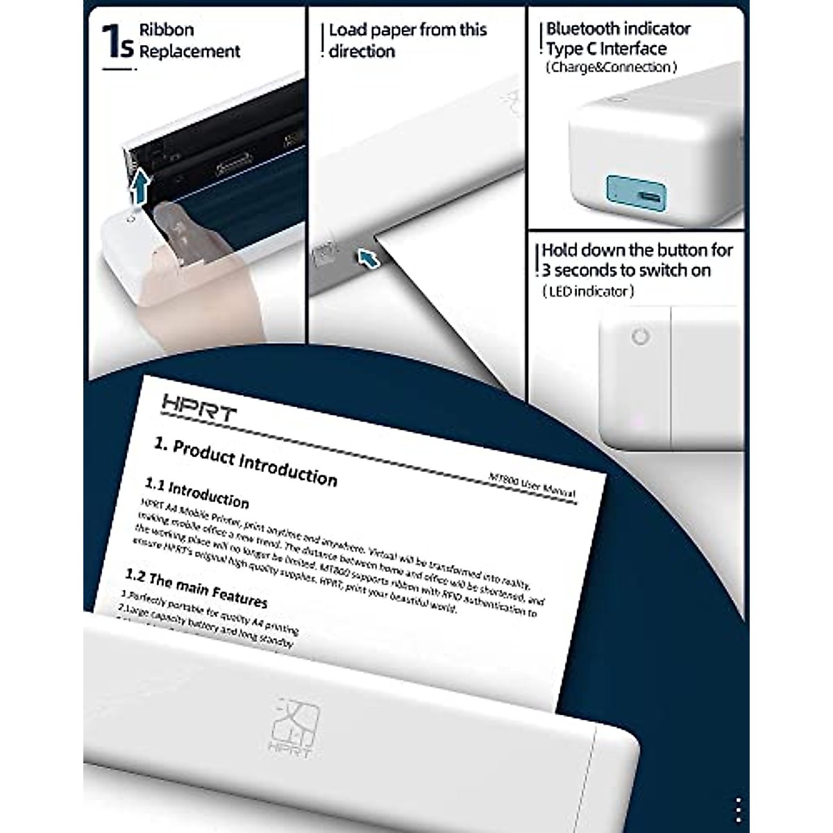 HPRT Thermal Printer MT800Q Portable Mini Printer, Wireless Printer for iPhone and Computer, The Best Small Printer Support 216mm Width A4 Paper, Home Use, Office, Travel and Mobile Printer