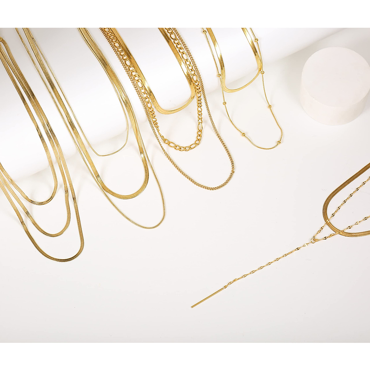 Elegance 11 designs 14k Gold Layered Herringbone Figaro Chain Necklaces Set For Women Real Gold Plated Stainless Steel Choker Flat Snake Chain Gold Non Tarnish Jewelry For Women