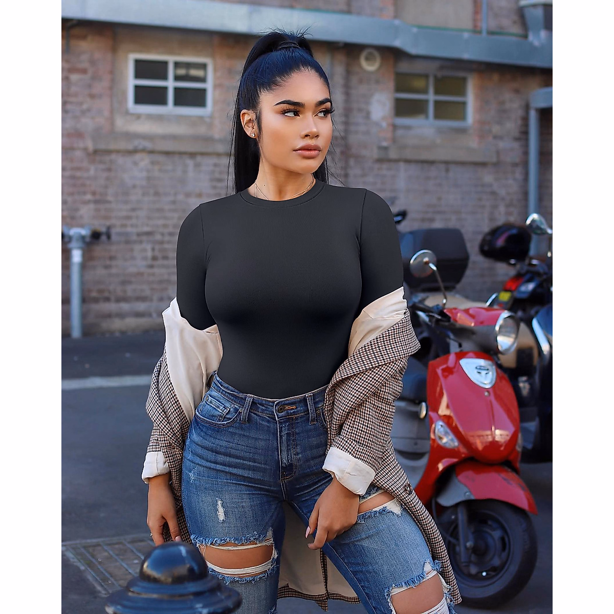 OQQ Womens 3 Piece Long Sleeve Tops Crew Neck Stretch Fitted Underscrubs Layer Tee Shirts Tops Black Darkgrey Beige