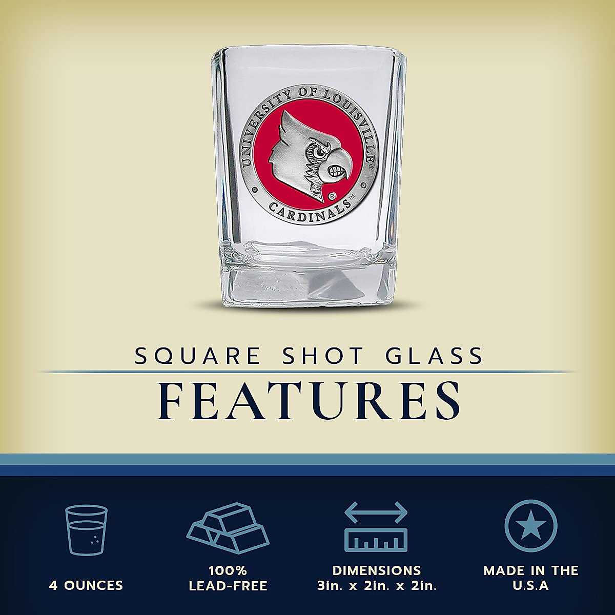 Heritage Pewter Louisville Square Shot Glass | Hand-Sculpted 1.5 Ounce Shot Glass | Intricately Crafted Metal Pewter Alma Mater Inlay