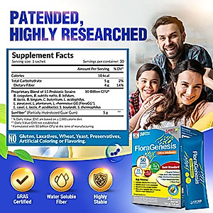 LABO Nutrition FloraGenesis - Probiotics 50 Billion CFU for Women & Men, 15 Strains, 600x More Survivability, Delayed Release, Stomach Acid Resistant, for Gut and Digestive Health - 30 Bags Powder