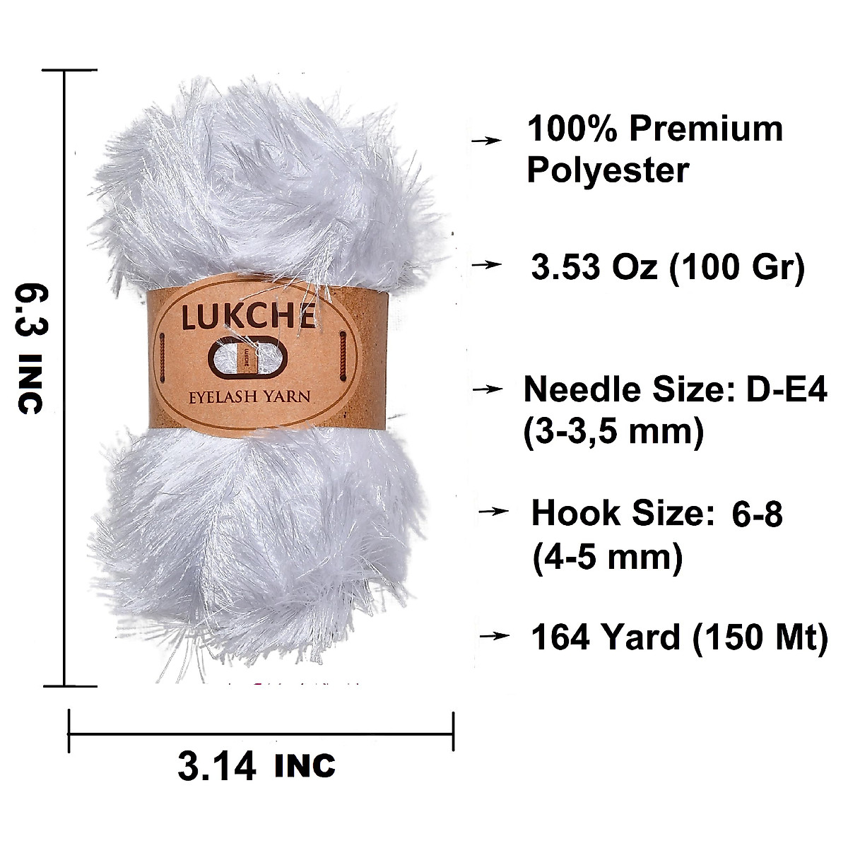Lukche Eyelash Fun Fur Yarn Premium 100% Polyester 164 Yds (150 Mt), 3.53 Oz (100 Gr) Colorful Crochet Yarn Dıy Hand Knitting. (Optical White, 1 Skein)