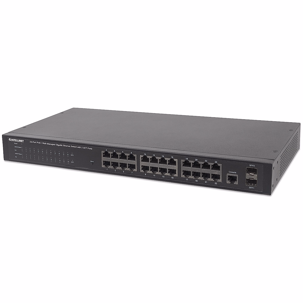 Intellinet 24 Port PoE Web Managed Gigabit Ethernet Switch with 2 SFP Ports - 240W Power Budget, Self Healing Network, SNMP Management, Endspan, 19" Rackmount - 3 Yr Mfg Warranty - 560559