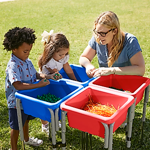 ECR4Kids 4-Station Sand and Water Adjustable Play Table, Sensory Bins, Blue/Red