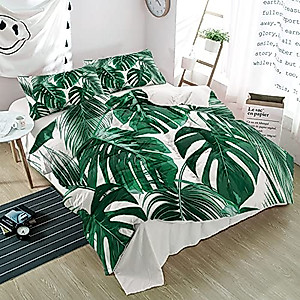 Segard Duvet Cover Set 3 Pieces Queen Bedding Sets Jungle Green Leaves White Soft Luxury Comforter Cover with Pillowcases Microfiber Bedroom Quilt Covers-Zipper Closure Watercolor Palm Tree Leaf