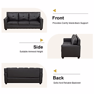 Mlxgoie Faux Leather 3-Seater Upholstered Sofa Couch, 79.5 Inch, Black