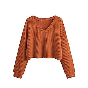 SOLY HUX Women's Plus Size Long Sleeve Crop Tops V Neck Pullover Drop Shoulder T Shirts Waffle Knit Tees Pure Orange 4XL