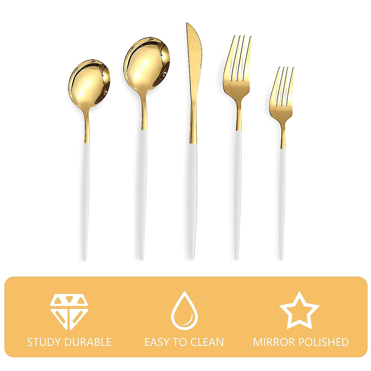 Kawlity Stainless Steel Serving Flatware Durable White & Gold Polished Knives Spoon Forks 30 Pcs Utensil Dinner Tableware, for Kitchen Dishwasher Adults and Children Ideal Gift