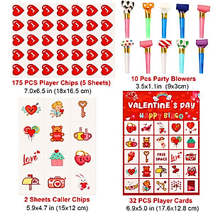 Valentine’s Day Bingo Game for Kids, Bingo Cards with 32 Players & 10 Pcs Party Blowers for Valentine Party Games, Valentine Crafts School Classroom Party Favor Activities,Holiday Party Craft Supplies