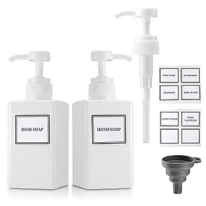 15oz Pump Dispenser for Bathroom, INSFIT Refillable Plastic Pump Bottles, Dish Soap Dispenser for Kitchen Sink, Hand Soap Dispenser, Laundry Detergent Dispenser with Waterproof Labels, 2 Pack White