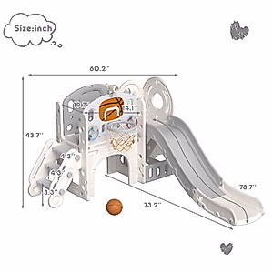 XJD 8 in 1 Toddler Slide Set, Kids Slide for Toddlers Age 1+, Toddler Climber Slide PlaySet with Basketball Hoop and Ball,Outdoor Indoor Playground for Toddlers 1-3 (Beige Grey, 8 in 1)