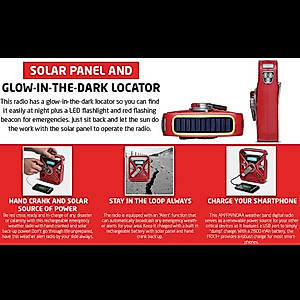 Eton - American Red Cross FRX3+ Emergency NOAA Weather Radio, Red, Digital Display, Hand Turbine, Solar Power, Red LED Flashing Beacon, 7 NOAA/Environment Canada Weather Bands, Phone Charger