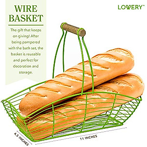 Home Spa Gift Baskets For Women, Bath and Body Gift Basket, Magnolia & Jasmine Home Spa Set, Fragrant Lotions, Bath Bomb, Towel, Shower Gloves, Green Wired Bread Basket & More, 13Pcs