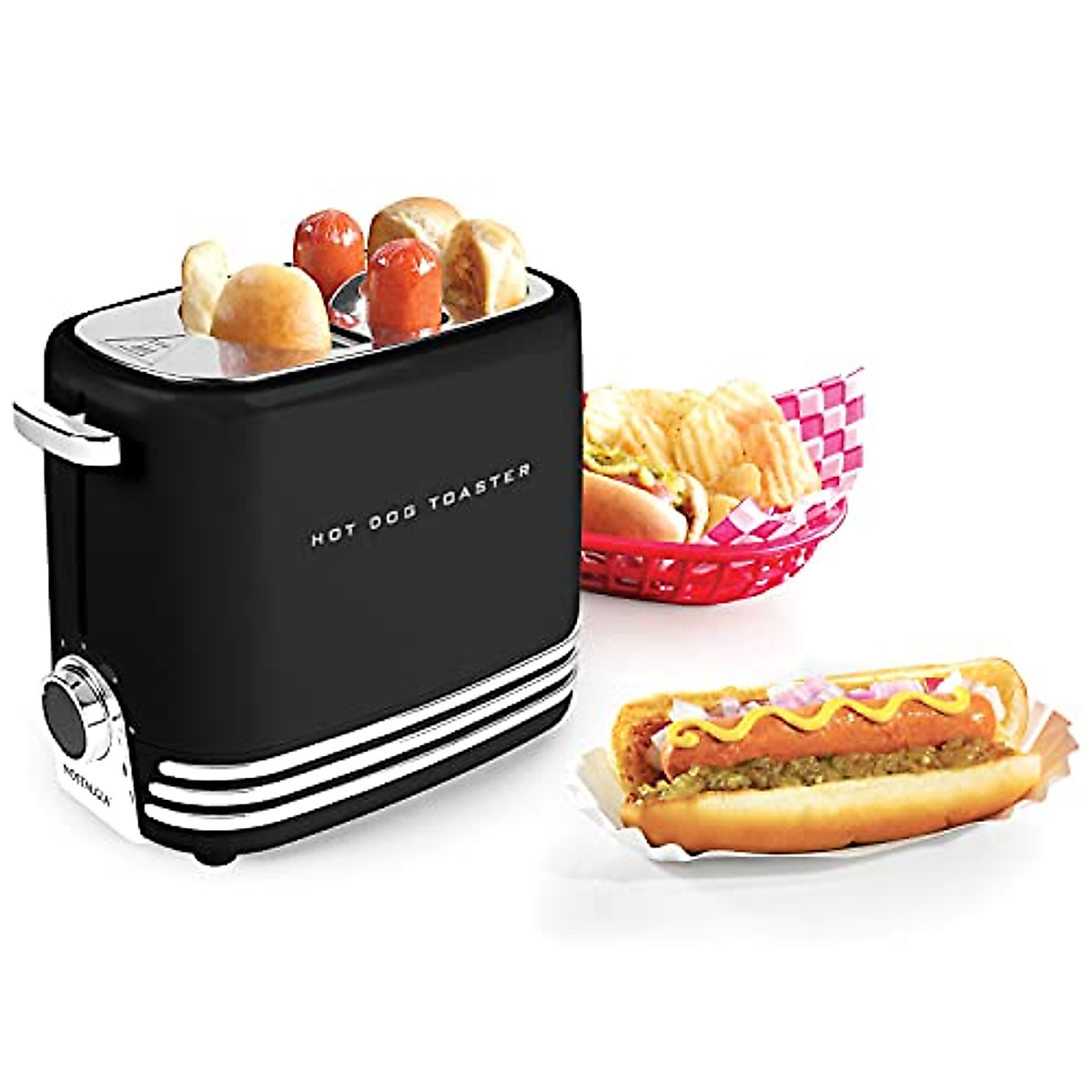 Nostalgia 2 Slot Hot Dog and Bun Toaster with Mini Tongs, Hot Dog Toaster Works with Chicken, Turkey, Veggie Links, Sausages and Brats, Black