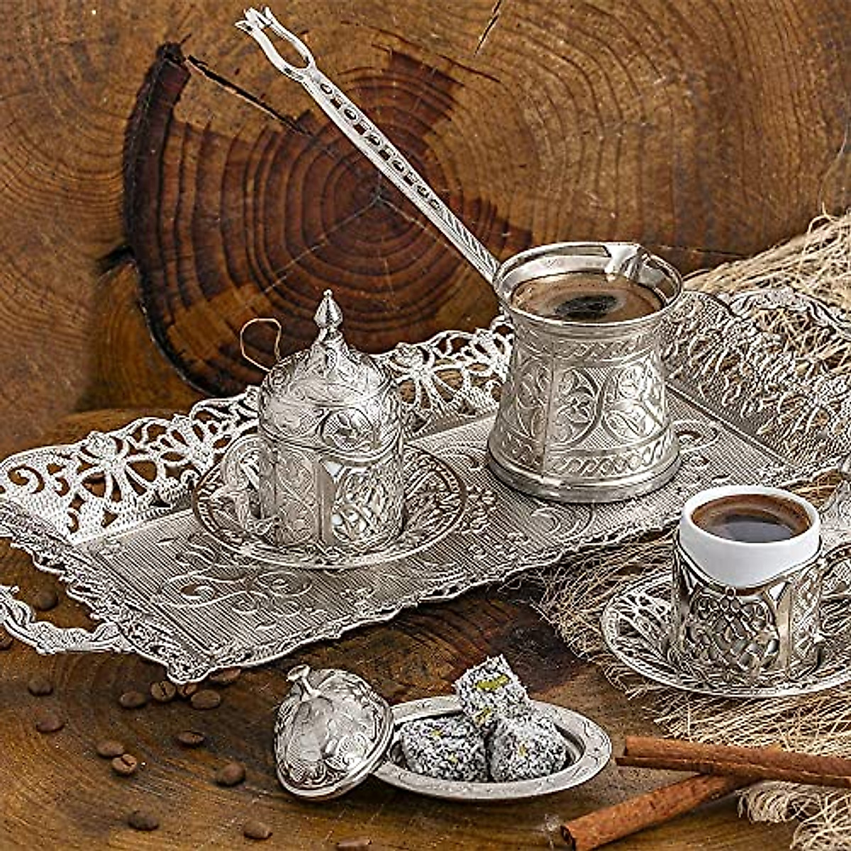 Turkish Coffee Pot, Moka Pot, Espresso Maker for the Stove Top, Camping Coffee Pot, Handmade Greek Arabic Coffee Warmer Cezve with Brass Handle, Stainless Steel Inside (Small 8 oz, Silver)