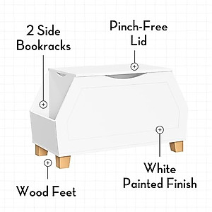 RiverRidge Kids Catch-All Collection Toy Box with Side Book Shelves Child-Safe Toy Storage Organizer With Childrens Bookshelf Side Slots For Kids Game And Book Storage - White