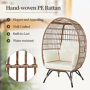 Yaheetech Egg Rattan Chair, Indoor/Outdoor PE Rattan Egg Basket Lounge Chair w/ 4 Cushions, Oversized Egg-Shaped Chair w/Metal Frame Stand for Patio, Backyard, Living Room - Light Brown/Ivory