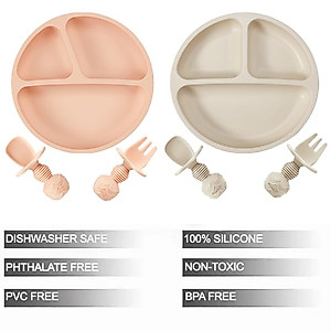 PandaEar 2 Pack Silicone Divided Suction Plates with 2 Spoons 2 Forks for Babies & Toddlers | Baby Led Weaning Supplies Self Feeding Eating Utensils | BPA-Free Silicone Baby Feeding Set -Pink & Linen