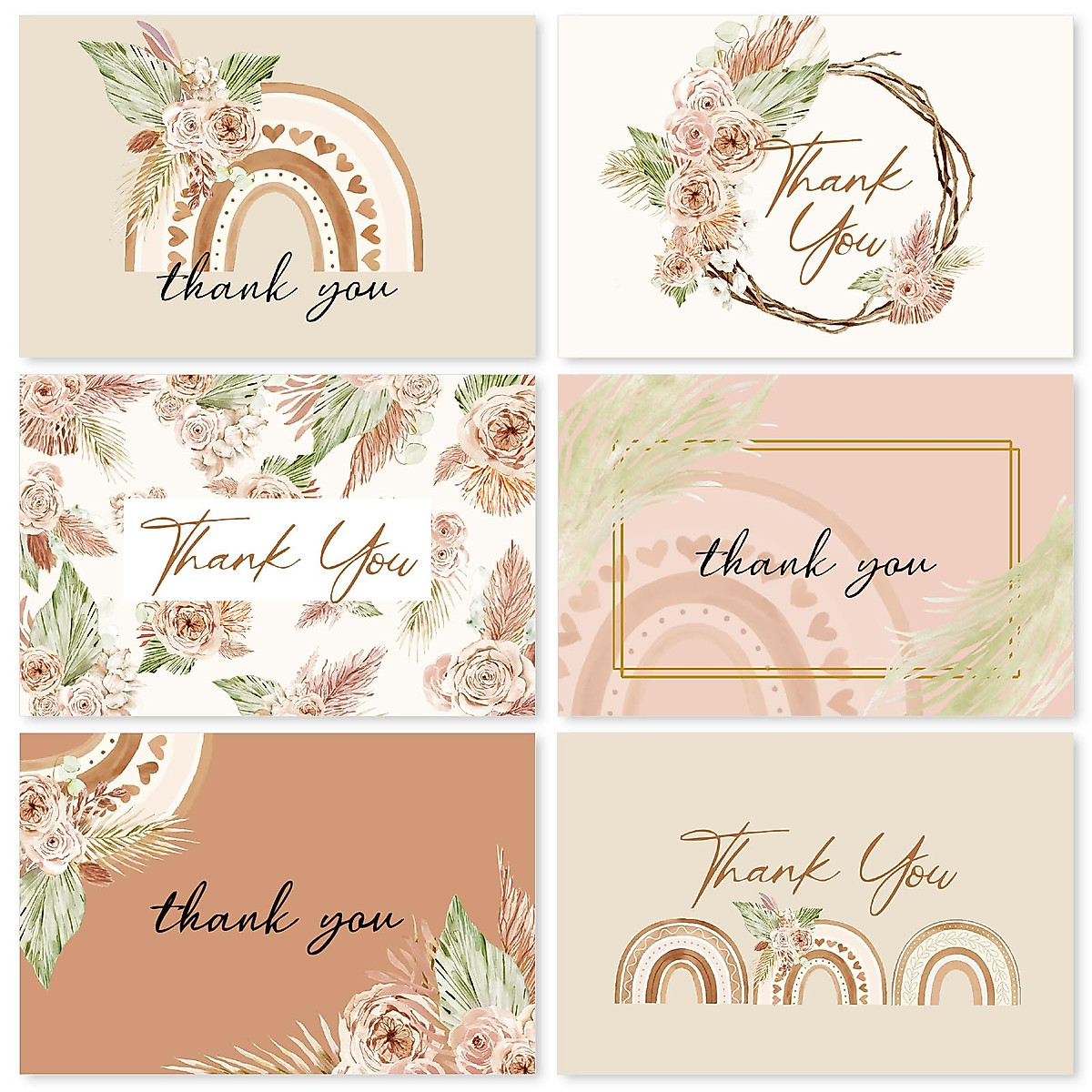 AnyDesign 36 Pack Boho Thank You Cards Boho Rainbow Floral Thank You Note Cards with Envelope Stickers Bohemian Flower Blank Cards for Birthday Wedding Baby Shower Bridal Shower, 4 x 6 Inch
