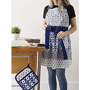 DII Kitchen Gift Set Collection, Apron, Pot Holder & Oven Mitt, Blue Market, 3 Piece