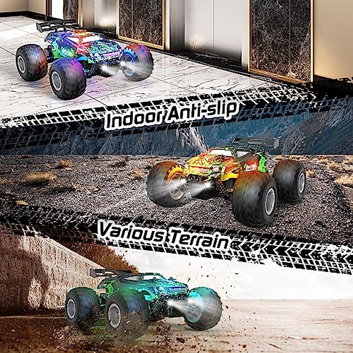 BAZOLOTA RC Car, 1:18 Scale All Terrain RC Truck, 2WD 20Km/h Remote Control Car, Remote Control Truck with LedLight and Two Rechargeable Batteries, Monster Truck Off Road Racing Car for Kid and Adult