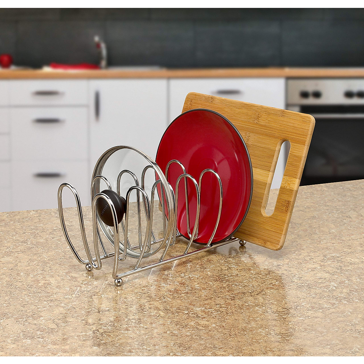 Spectrum Diversified Bloom Kitchen Lid Holder Organizer for Plates, Cutting Boards Bakeware, Cooling Racks, Pots & Pans, Serving Trays, and Reusable Containers, Chrome