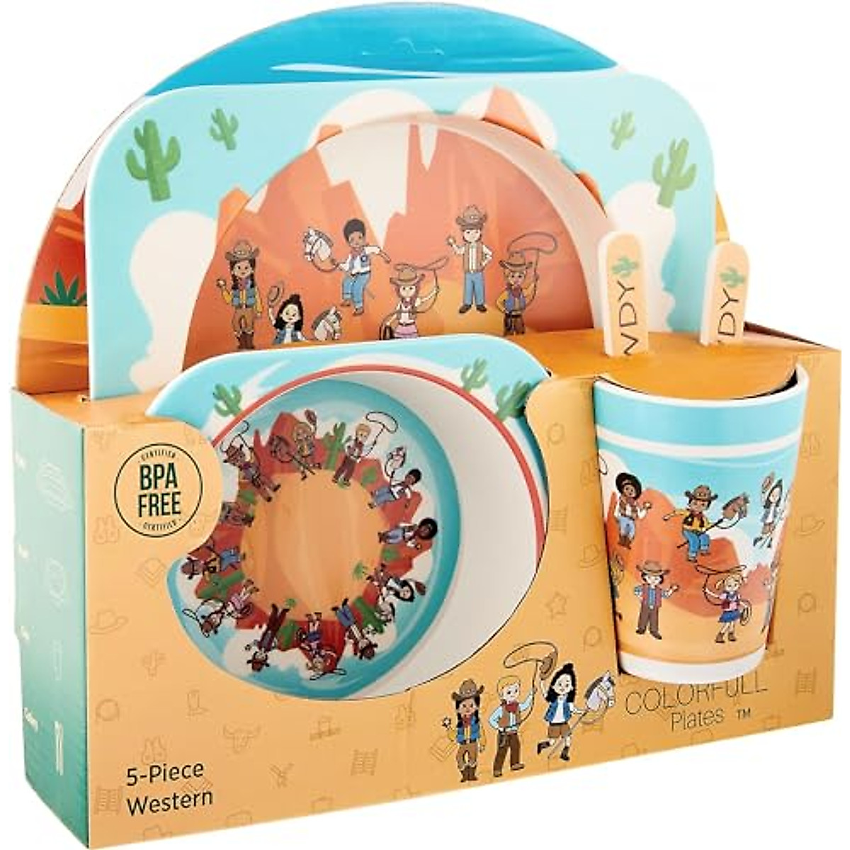 5 Piece Kids Dinnerware Set, Western Cowboys Themed Kids Utensils Set, Bamboo Fiber Plate, Bowl & Cup, Lightweight & Shatterproof Toddler Feeding Set, Children Safe Kitchen Set, Fun Toddler Utensils