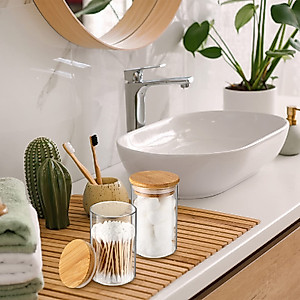 Irenare 6 Pack Glass Apothecary Jars with Lids Bamboo Bathroom Accessories Cotton Balls Pads Swabs Holder Jar Bathroom Canisters for Vanity Accessories Storage
