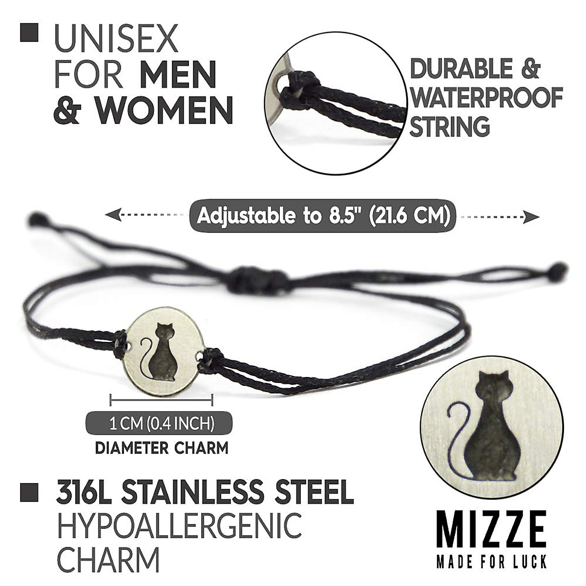 Stainless Steel Cat Lover Charm on Double Black String Bracelet for Men & Women - Cat Mom Gift, Pet Bracelet, Cat Lover Gifts for Women - Waterproof, Hypoallergenic Cat Jewelry